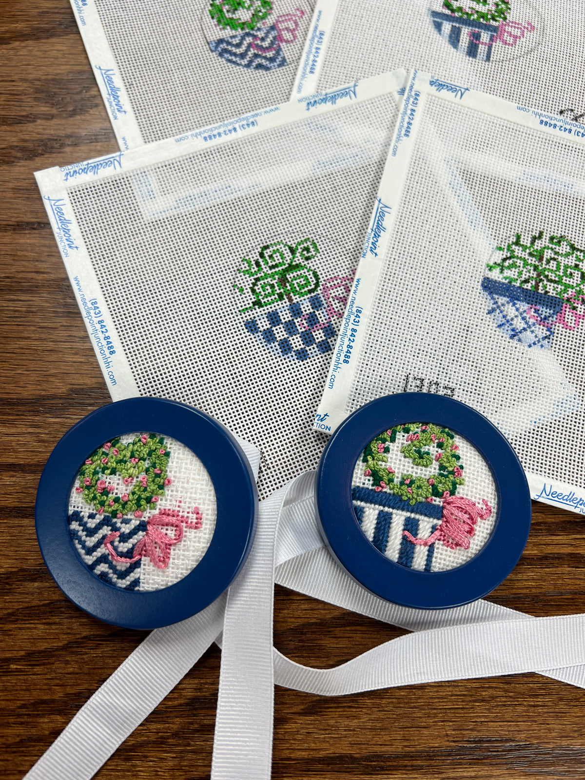 Napkin Ring Set Spring Topiaries Beth Gantz — Needlepoint Junction